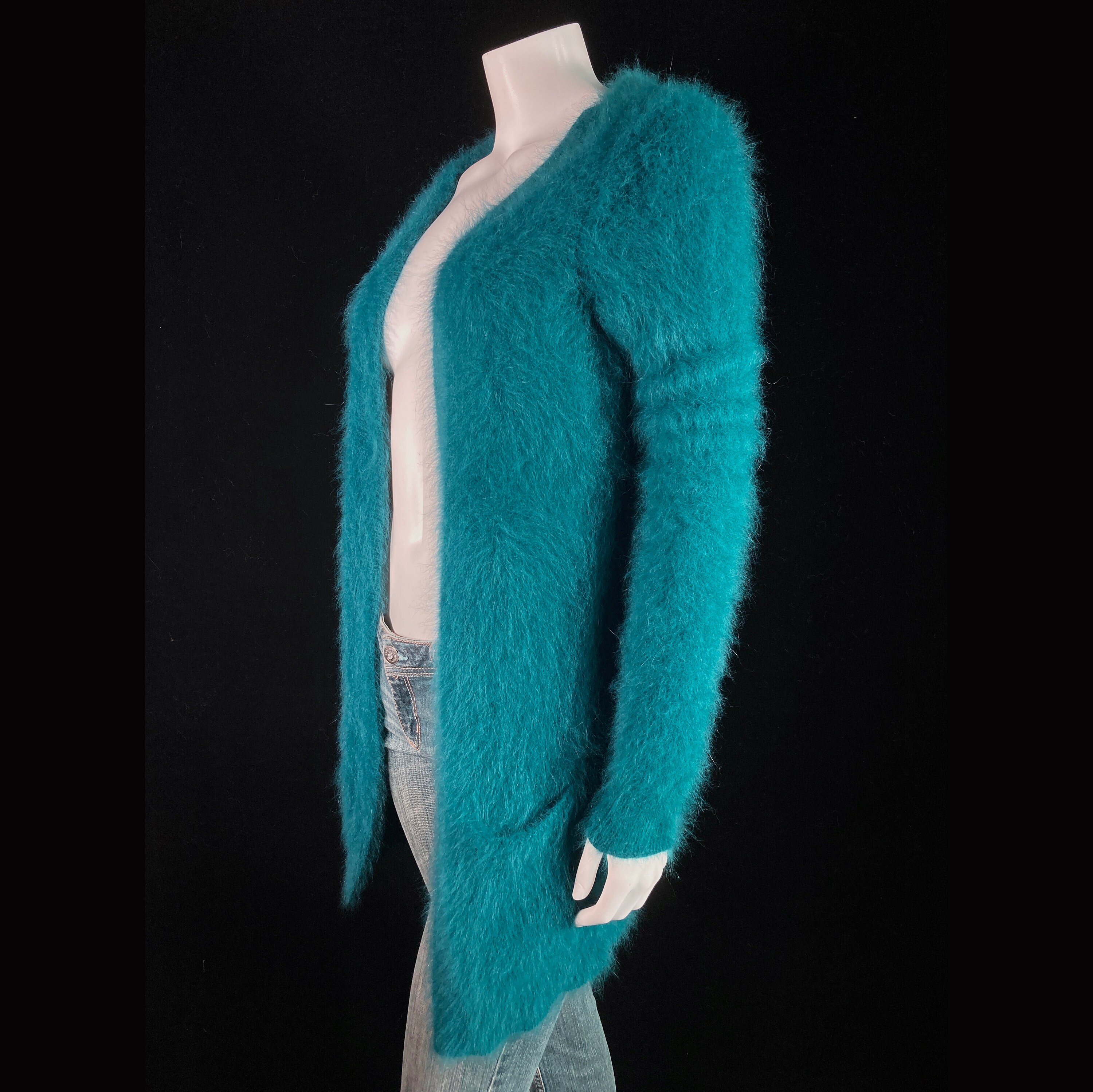 80% Angora Fuzzy THEORY Teal-blue Open-front Duster Cardigan Sweater 32 ...