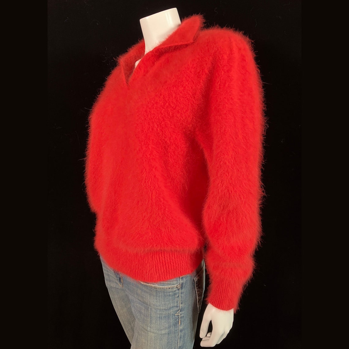 80% Angora Fuzzy Vintage DONGO FASHION Red Puff-sleeve Pullover Sweater ...
