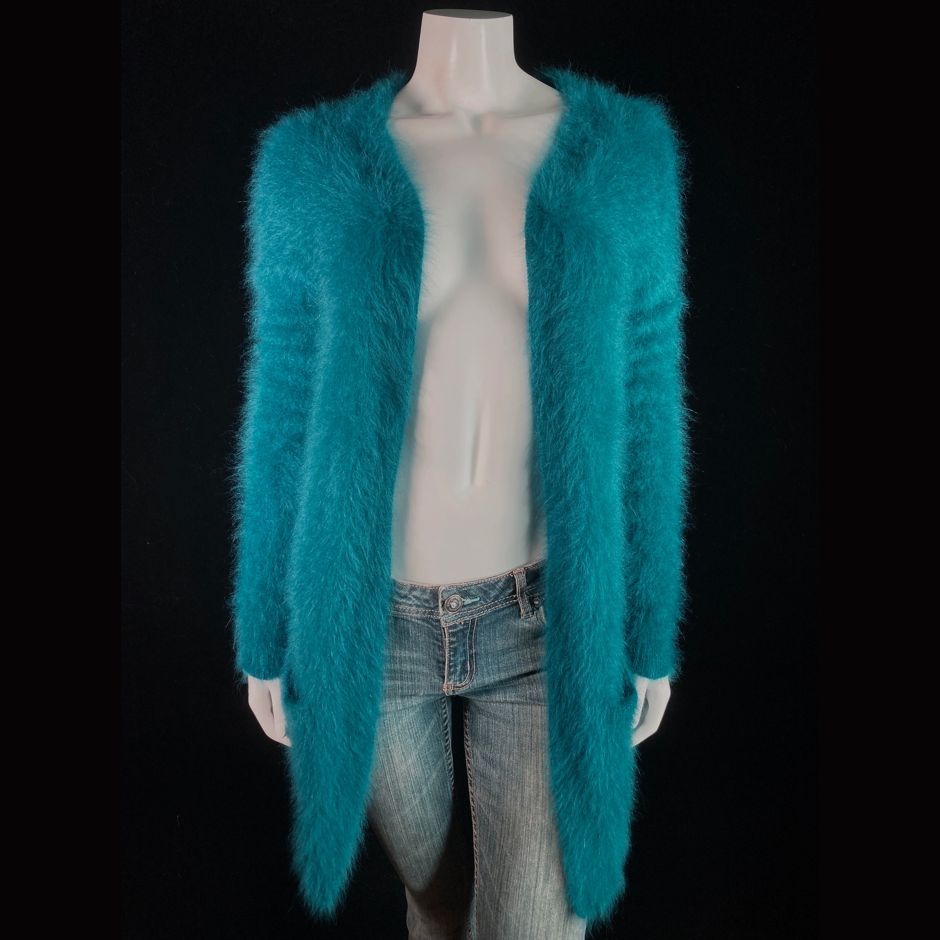 80% Angora Fuzzy THEORY Teal-blue Open-front Duster Cardigan Sweater 32 ...