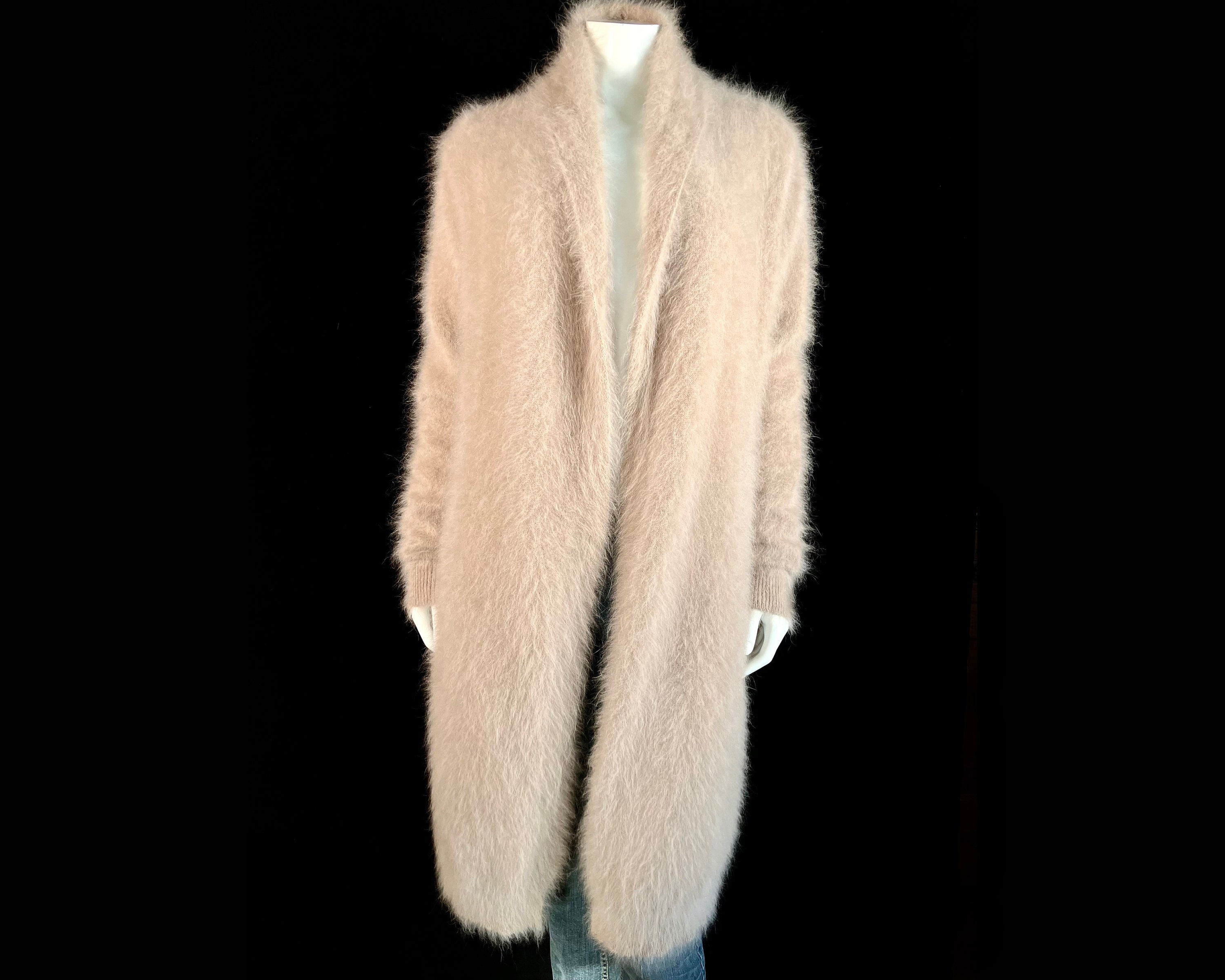 80% Angora Fuzzy Beige Open-front Collared Duster Cardigan Sweater 38 ...