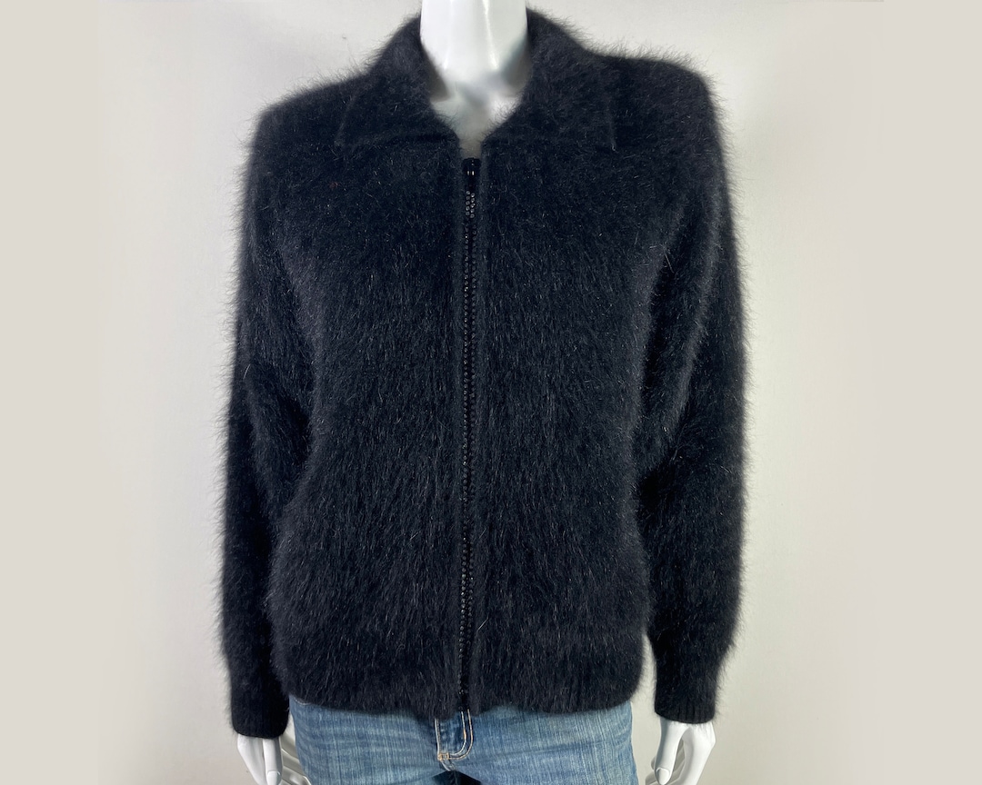 80% Angora Fuzzy Vintage VENESHA Black Rhinestone Zipper Sweater Jacket ...