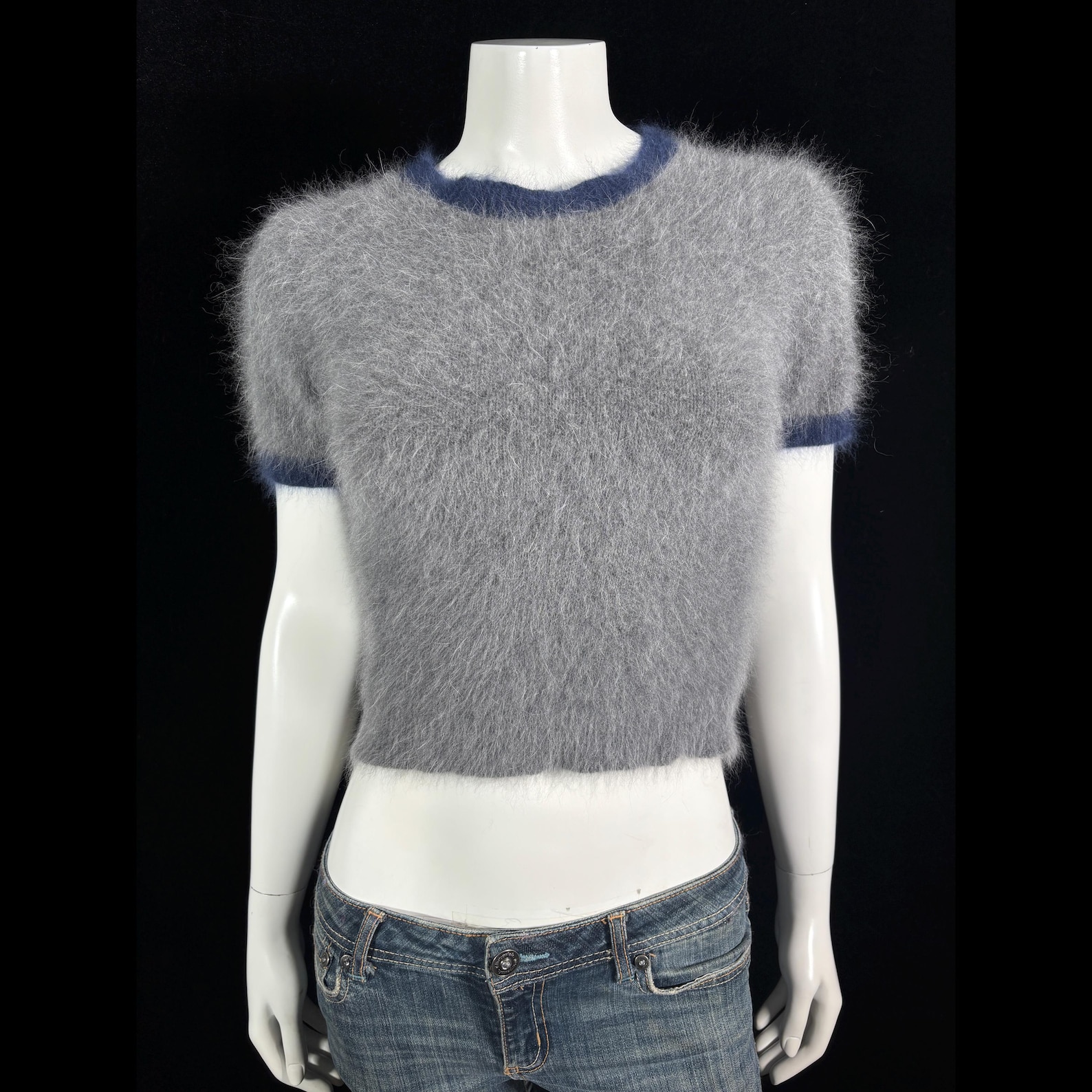 70% Angora Fuzzy Gray Blue Cropped Short-sleeve Pullover Sweater 28 ...