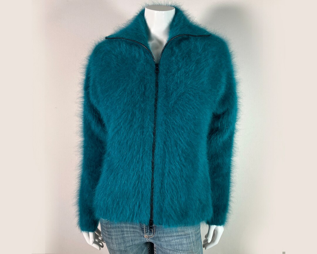 80% Angora Fuzzy Vintage VENESHA Teal Zipper Sweater Jacket 41" Bust - Etsy