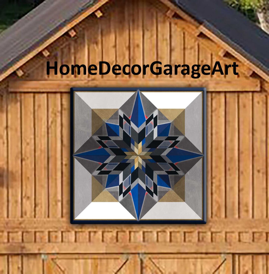 Barn Quilt Sign, 16 Point Star on Squares Blue Gray, Powder Coated ...