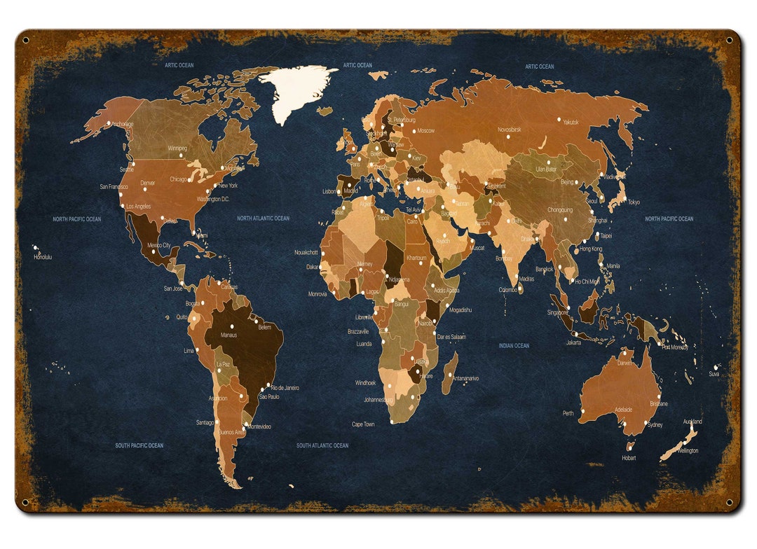 World Map on Metal, 3 Sizes, Vintage Style Metal Sign, Home Decor Wall ...