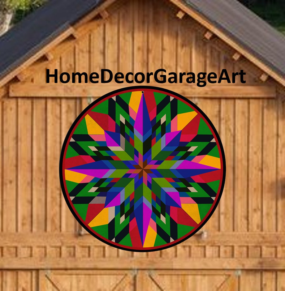 Barn Quilt Sign, 16 Point Star Colorful, Round Metal Hex Sign, 6 Sizes ...