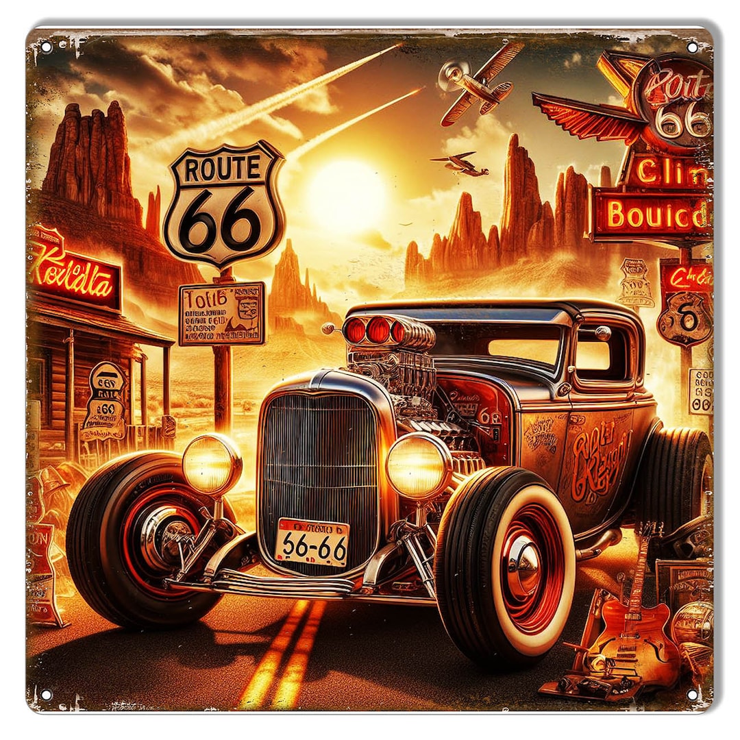 Hot Rod Route 66, 12 X 12 Inch Metal Sign, USA Made Vintage Style Retro ...