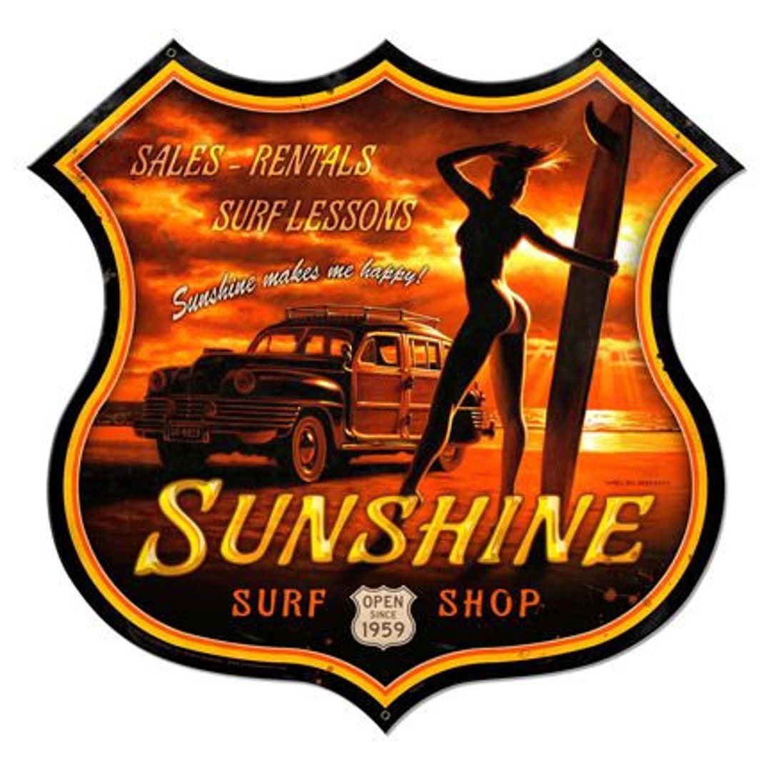 Sunshine Surf Shop Surfboards Pin up Girl Art on Metal Sign by Greg ...