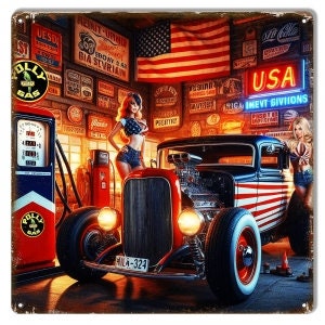 Hot Rod Mancave With Pin up Girls, 12 X 12 Inch Metal Sign, USA Made ...