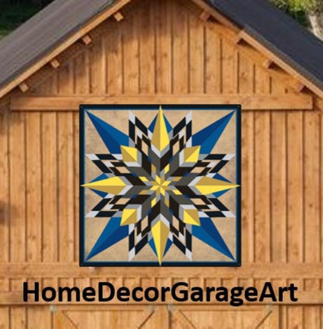 Barn Quilt Sign, Sixteen Point Star Blue Yellow, Square Metal Sign With ...