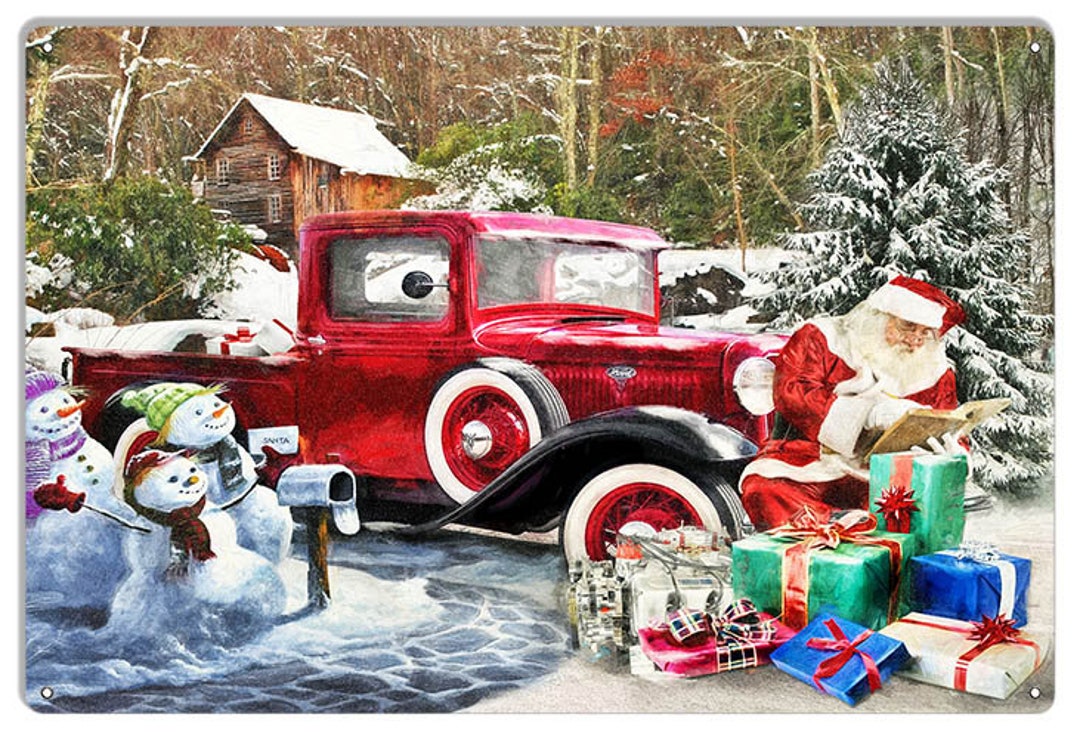 Christmas Red Classic Ford With Santa Claus Metal Sign by Bob Kramer ...