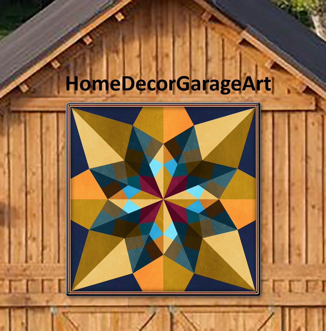 Barn Quilt Sign, Geometric Stars Blues Earth Tone Colors, Powder Coated ...