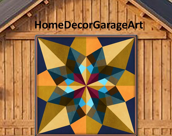Barn Quilt Sign, Geometric Stars Blues Earth Tone Colors, Powder Coated ...
