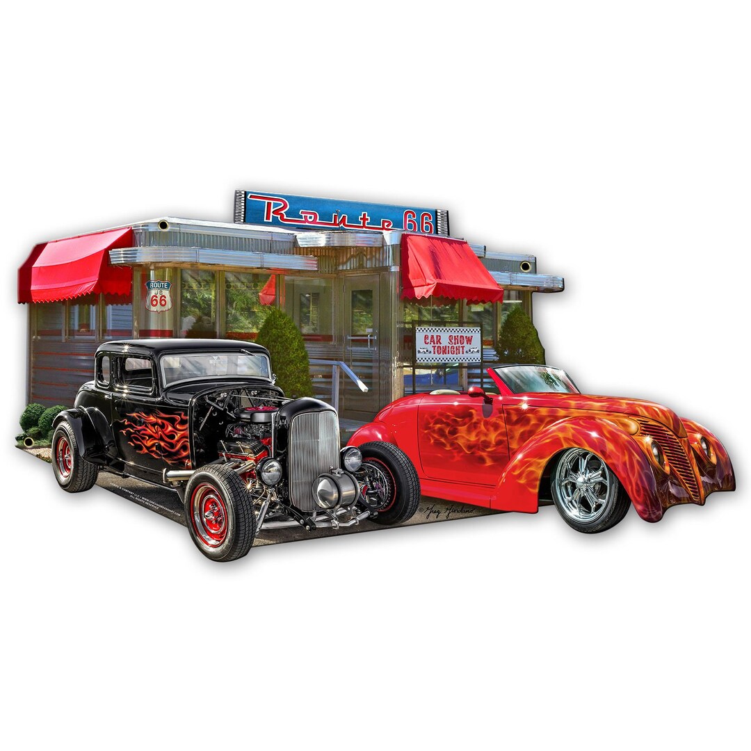 Route 66 Diner Hot Rods Cut Out Shape Nostalgic America Metal Sign, 2 ...