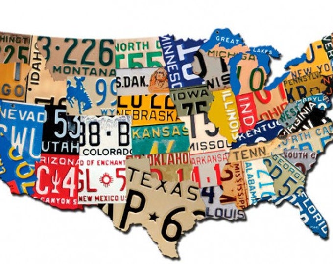 USA License Plate Map Metal Art Sign United States 19 X 13 Inch Vintage ...