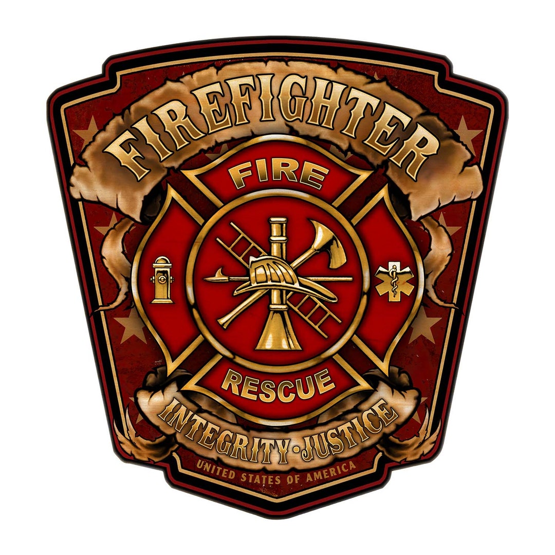 United States Fire Fighter Crest, Art on Custom Cut Wood Sign Vintage ...
