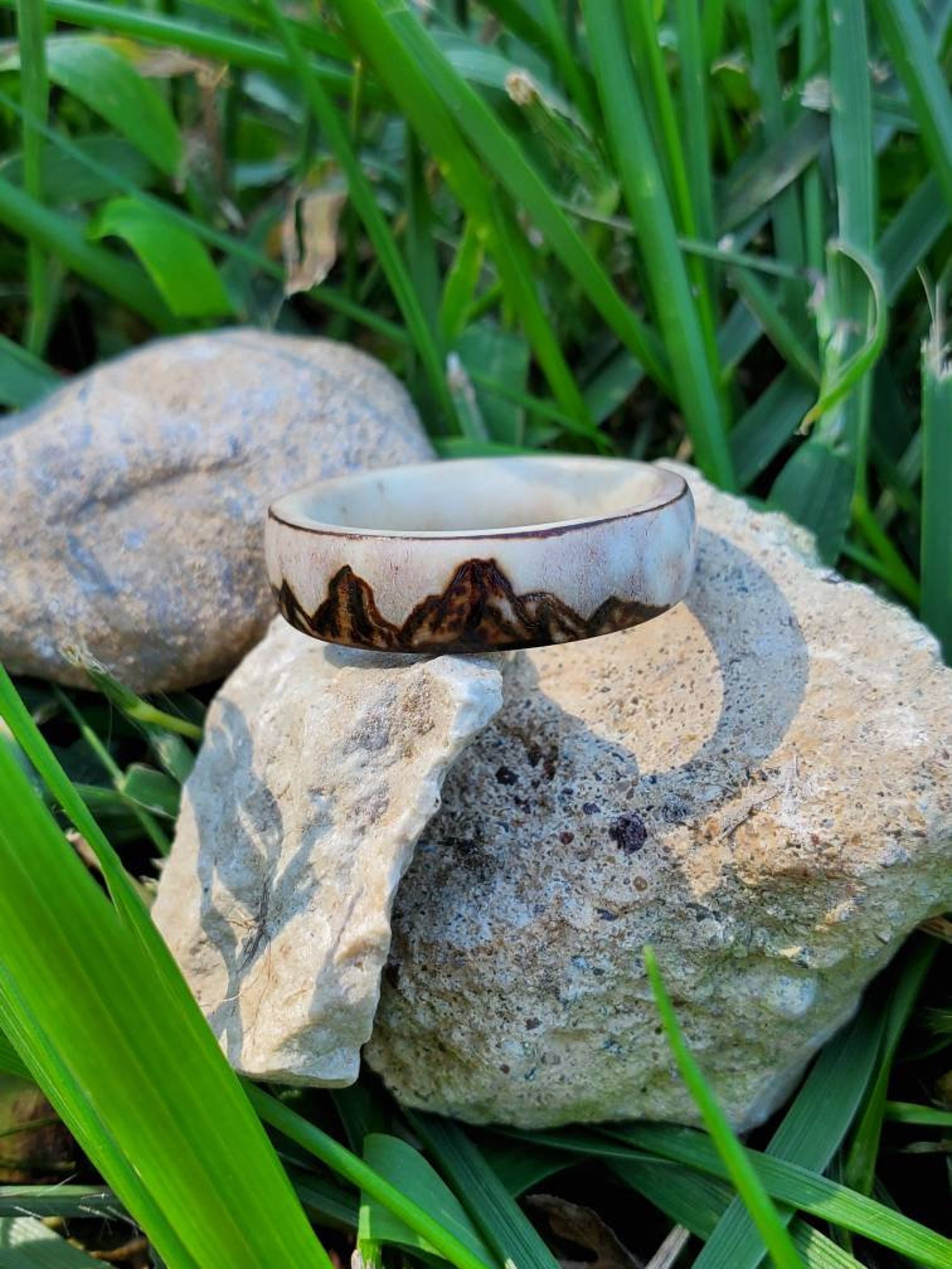 Deer Antler Ring With Mountain Pyrography | Mountain Ring | Deer Antler ...