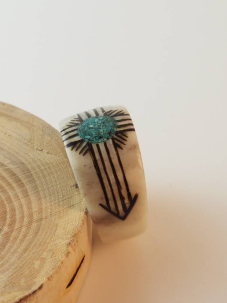 Handmade Deer Antler Ring: Turquoise Inlay, Pyrography Zia Sun Symbol ...