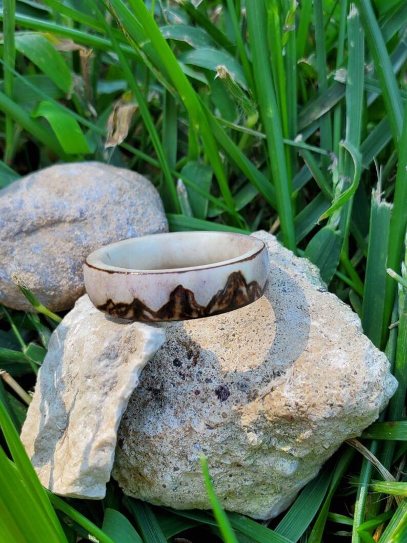 Deer Antler Ring With Mountain Pyrography | Mountain Ring | Deer Antler ...