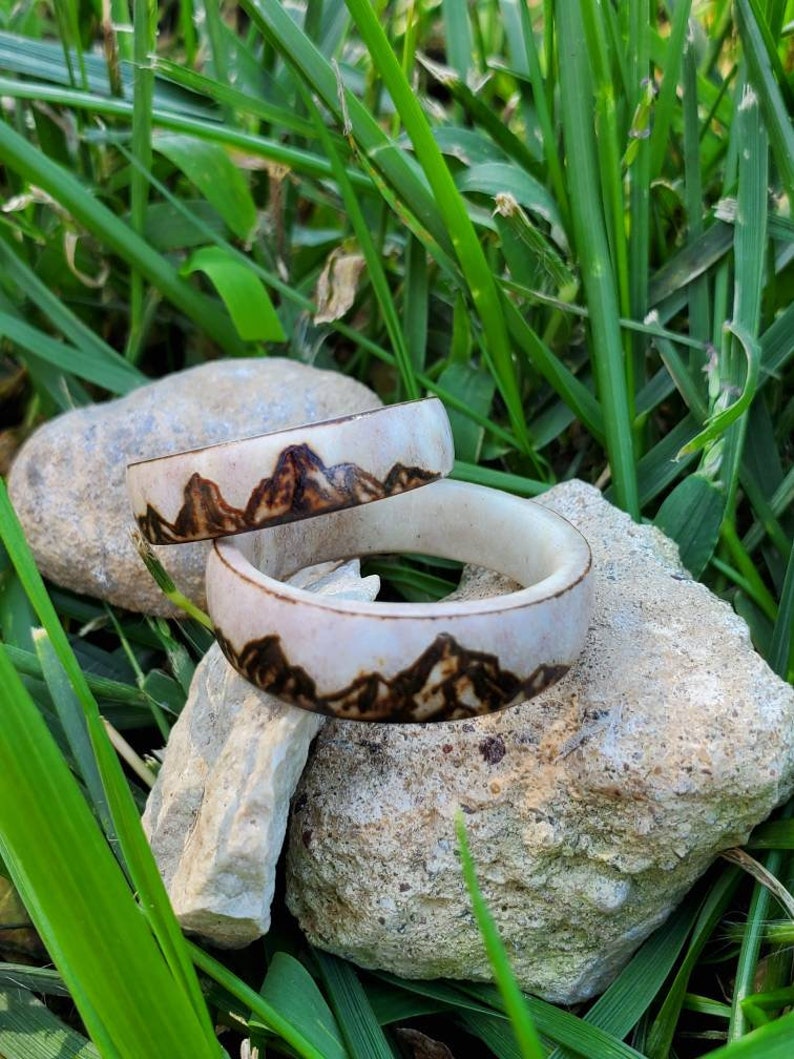 Deer Antler Ring With Mountain Pyrography | Mountain Ring | Deer Antler ...