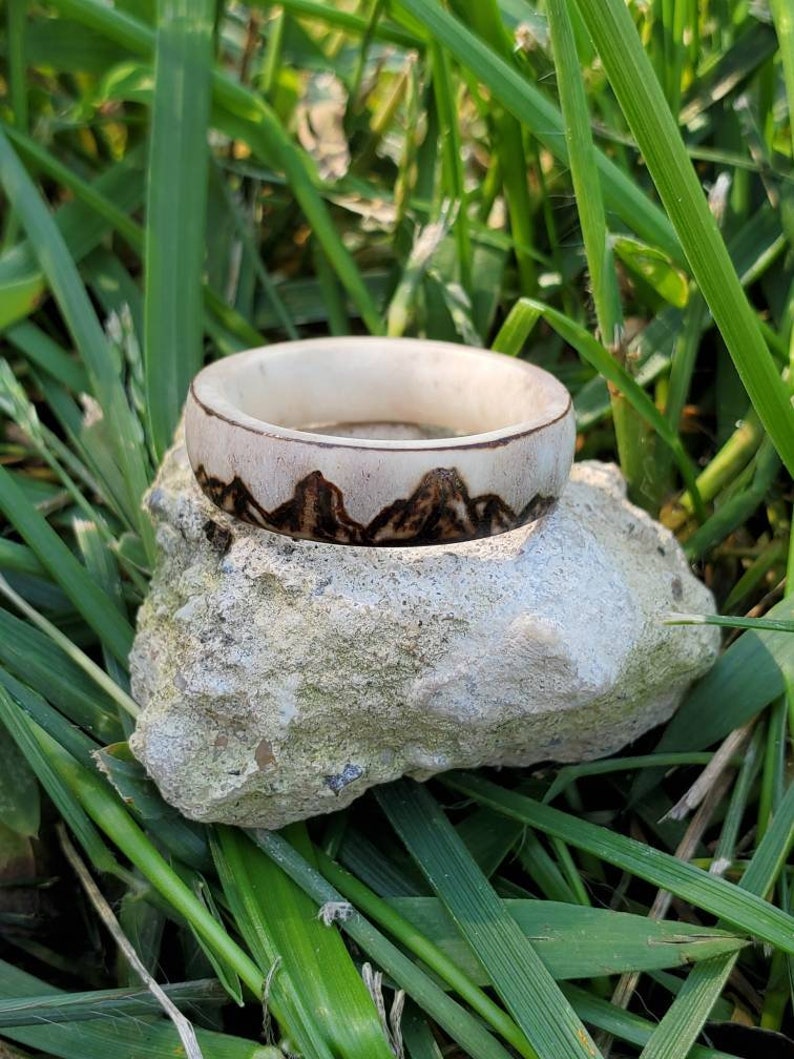 Deer Antler Ring With Mountain Pyrography | Mountain Ring | Deer Antler ...