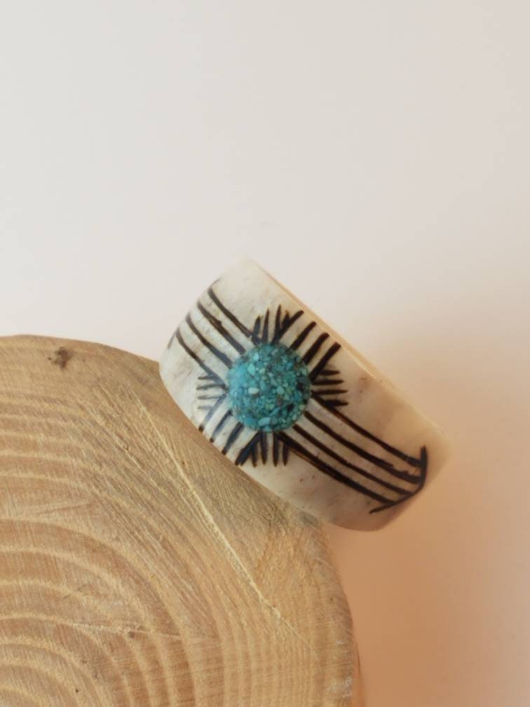 Handmade Deer Antler Ring: Turquoise Inlay, Pyrography Zia Sun Symbol ...