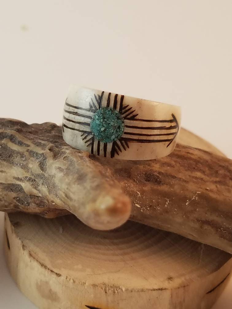 Handmade Deer Antler Ring: Turquoise Inlay, Pyrography Zia Sun Symbol ...