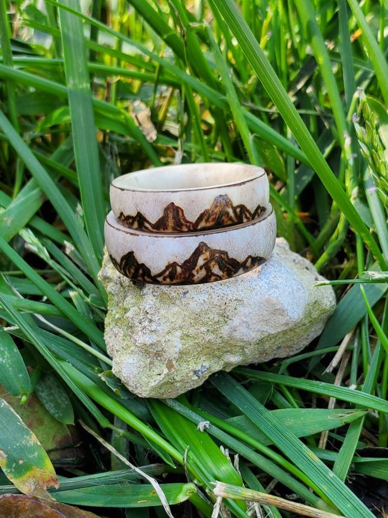 Deer Antler Ring With Mountain Pyrography | Mountain Ring | Deer Antler ...