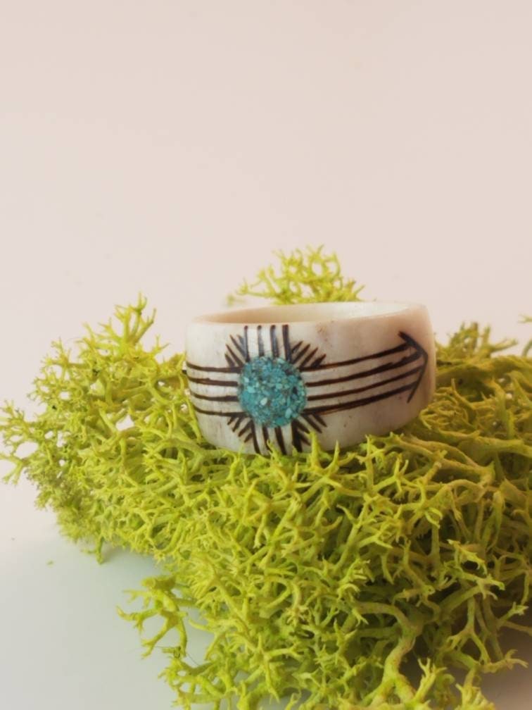 Handmade Deer Antler Ring: Turquoise Inlay, Pyrography Zia Sun Symbol ...