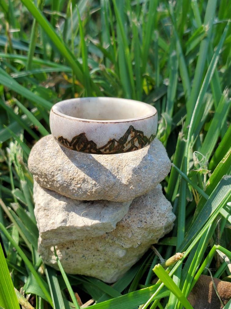 Deer Antler Ring with Mountain Pyrography Mountain Ring | Etsy