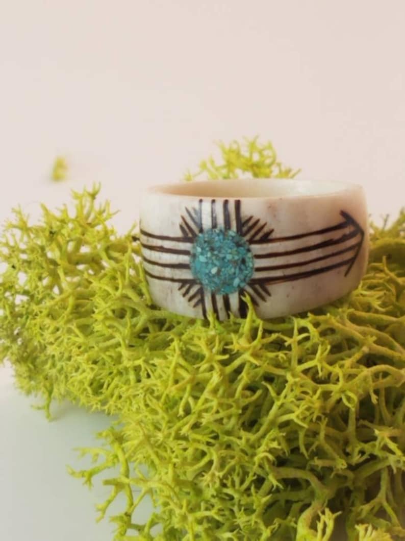 Handmade Deer Antler Ring: Turquoise Inlay, Pyrography Zia Sun Symbol ...