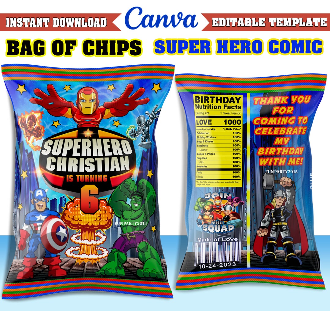 50% Off! - Super Heroes Comic Squad CHIPS BAG, Printable and Editable ...