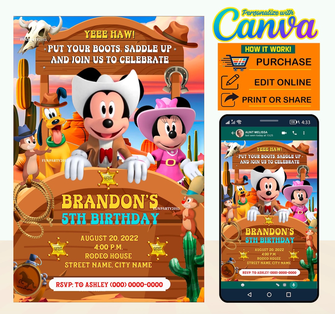 60% Off- Mickey Cowboy Party Digital Birthday Invitation EDITABLE in ...