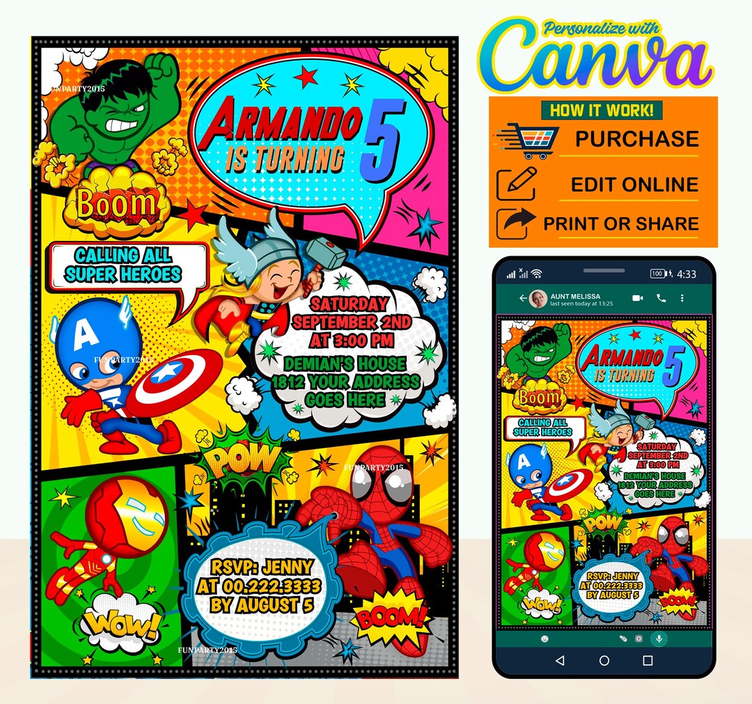 60% Off!- Super Heroes Comic Party Digital Birthday Invitation EDITABLE ...