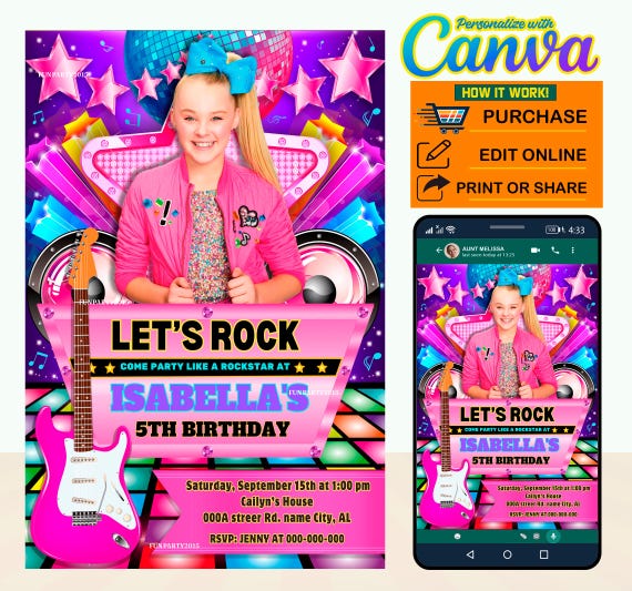 50 OFF Rockstar Jojo Siwa Party Digital Birthday Invitation EDITABLE in CANVA Jojo Siwa Party Invite Canva Instant Download New 2023 Etsy Canada