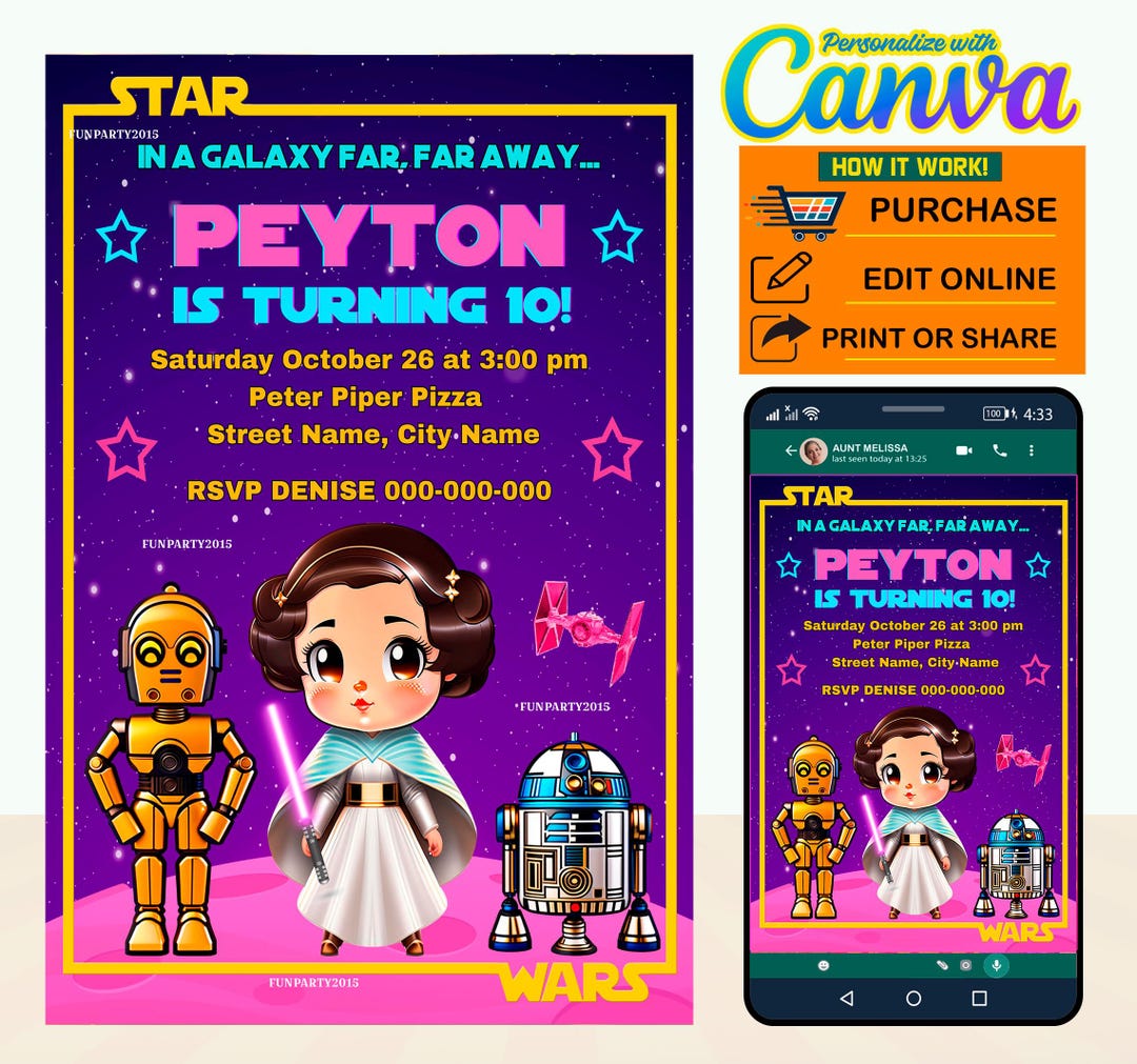 Princess Leia Birthday Invitation, Editable Canva Template (digital ...