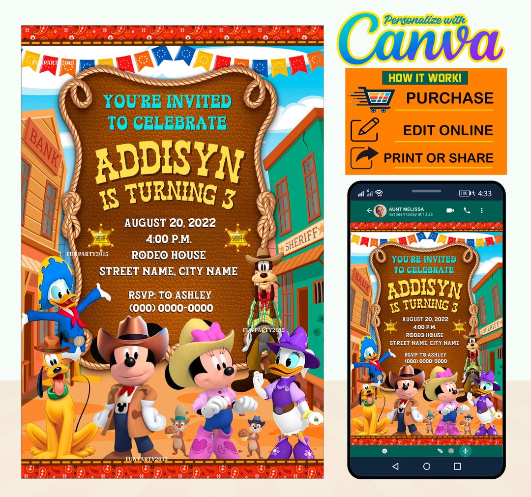 60% off - Mickey Cowboy Party Digital Birthday Invitation EDITABLE in ...