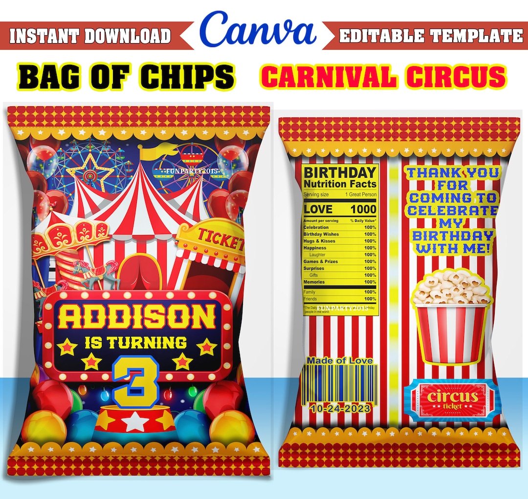 Carnival Circus Chip Bag Template – Editable Birthday Design (CANVA ...