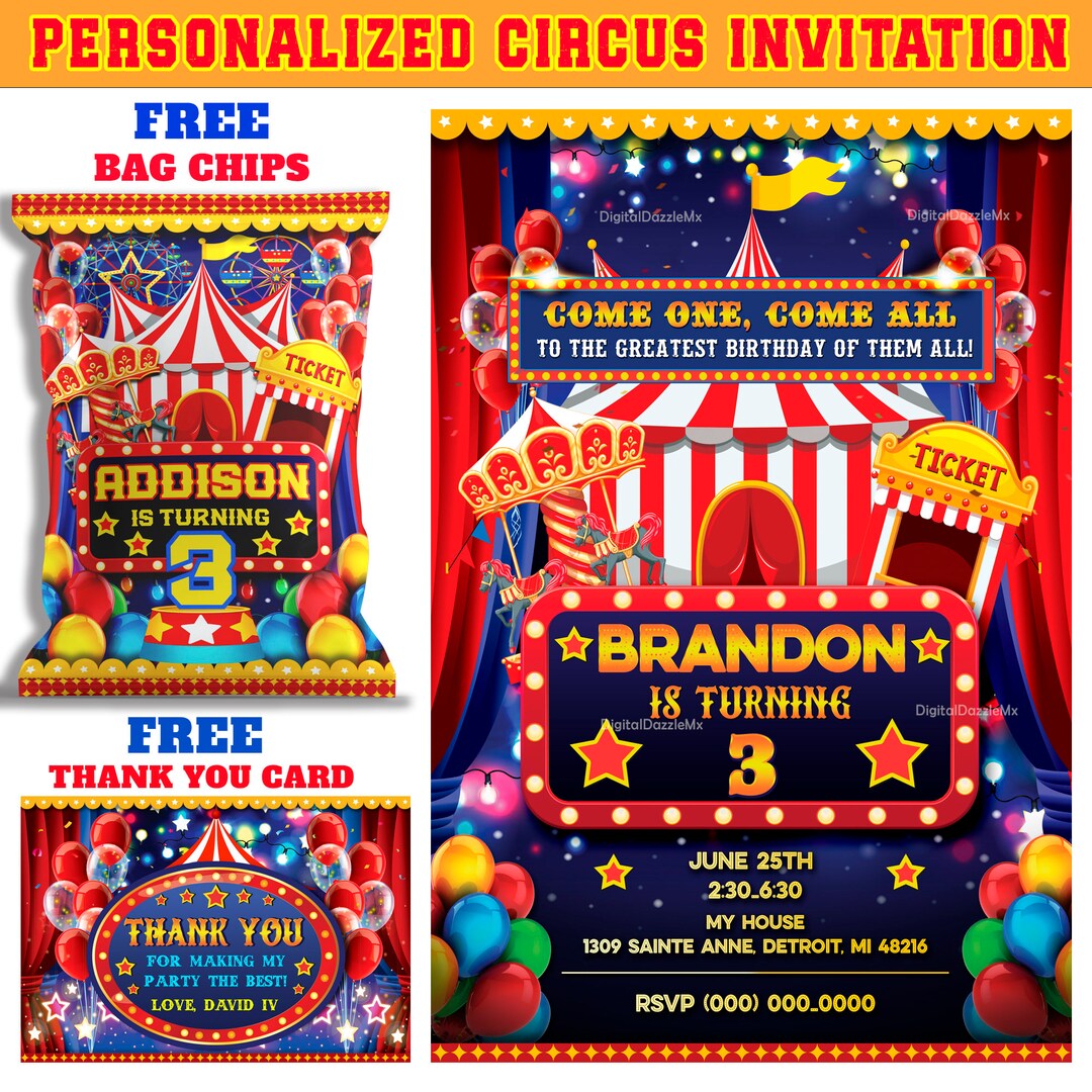 50% off - Circus Carnival PERSONALIZED Invitation, Birthday Party, FREE ...