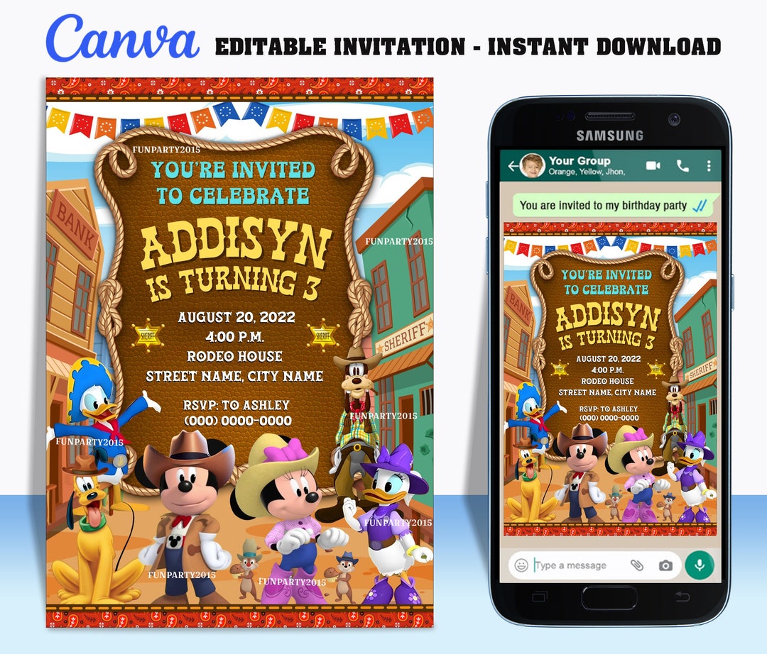 50% off Mickey Cowboy Party Digital Birthday Invitation EDITABLE in ...