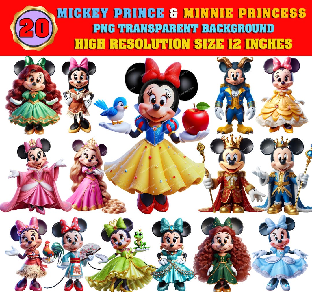 60% off - 20 Clipart Mickey PRINCE & Minnie PRINCESSES Party Clipart ...