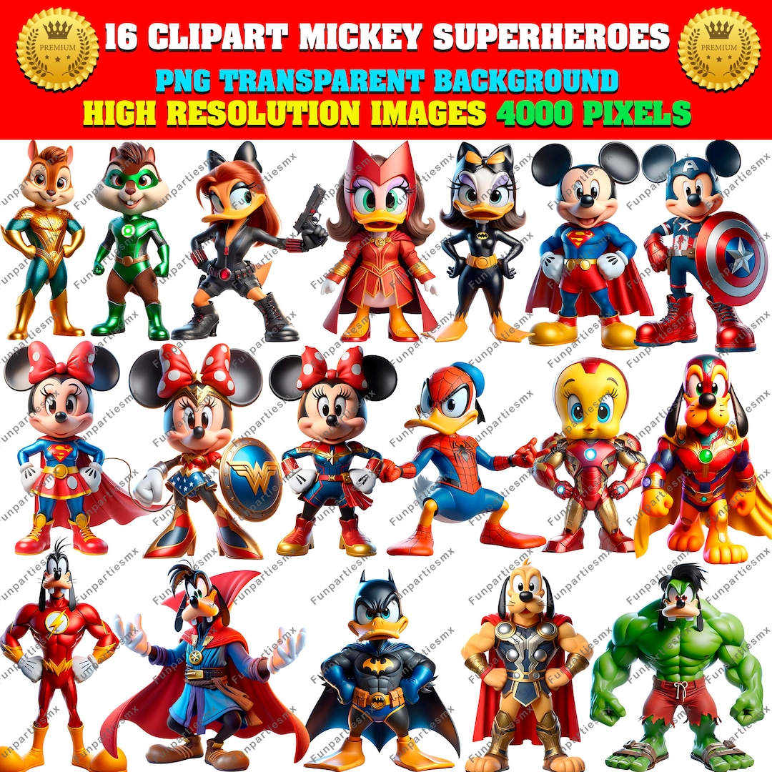 20 Clipart MICKEY and His Friends Party Super Heroes COMIC, Png ...