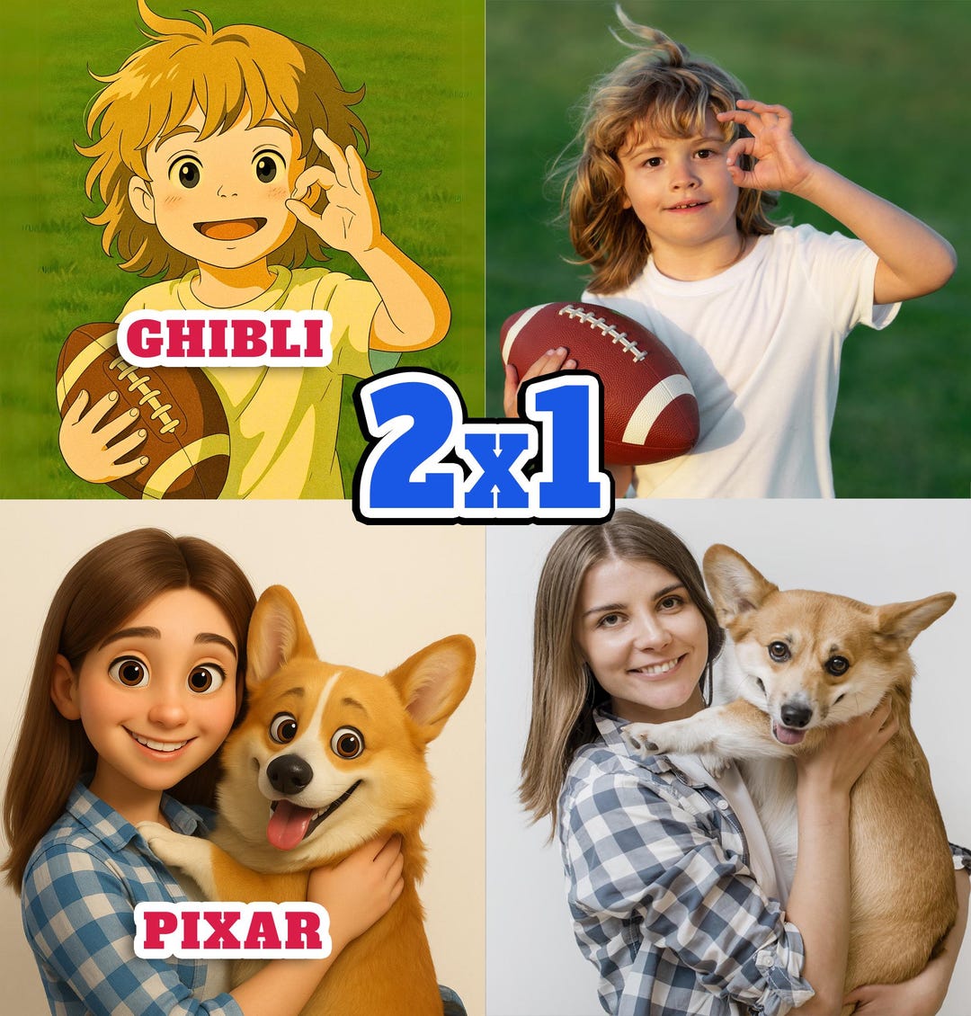 2x1 Custom GHIBLI and PIXAR Style Anime Portraits for Couples, Families ...