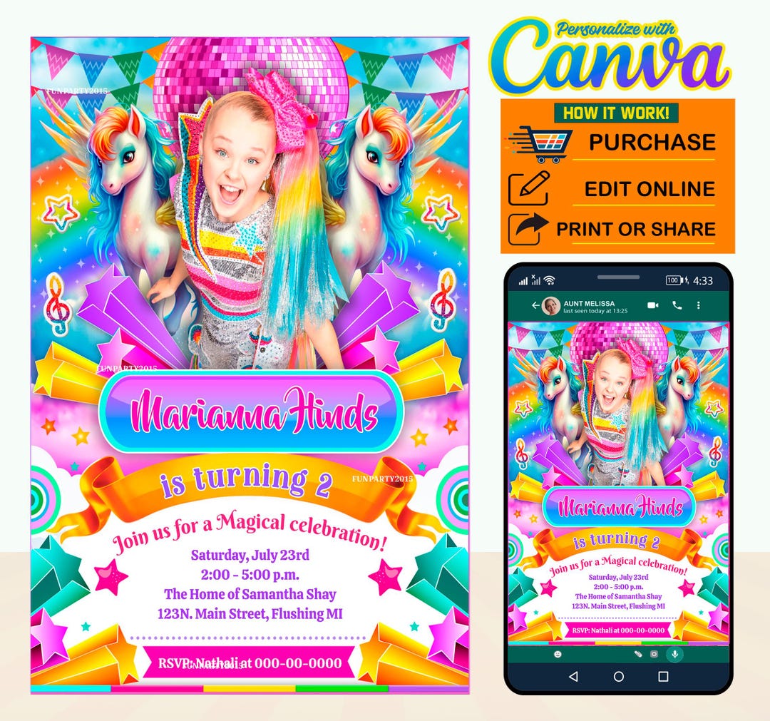50% Off, Jojo Siwa Rainbow Unicorn Party Digital Birthday Invitation ...