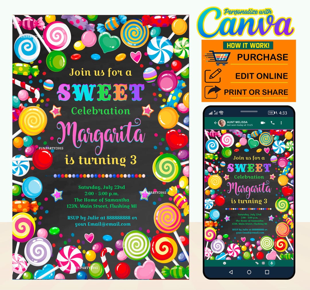 50% Off- Candyland Girl Party Digital Birthday Photo Invitation ...