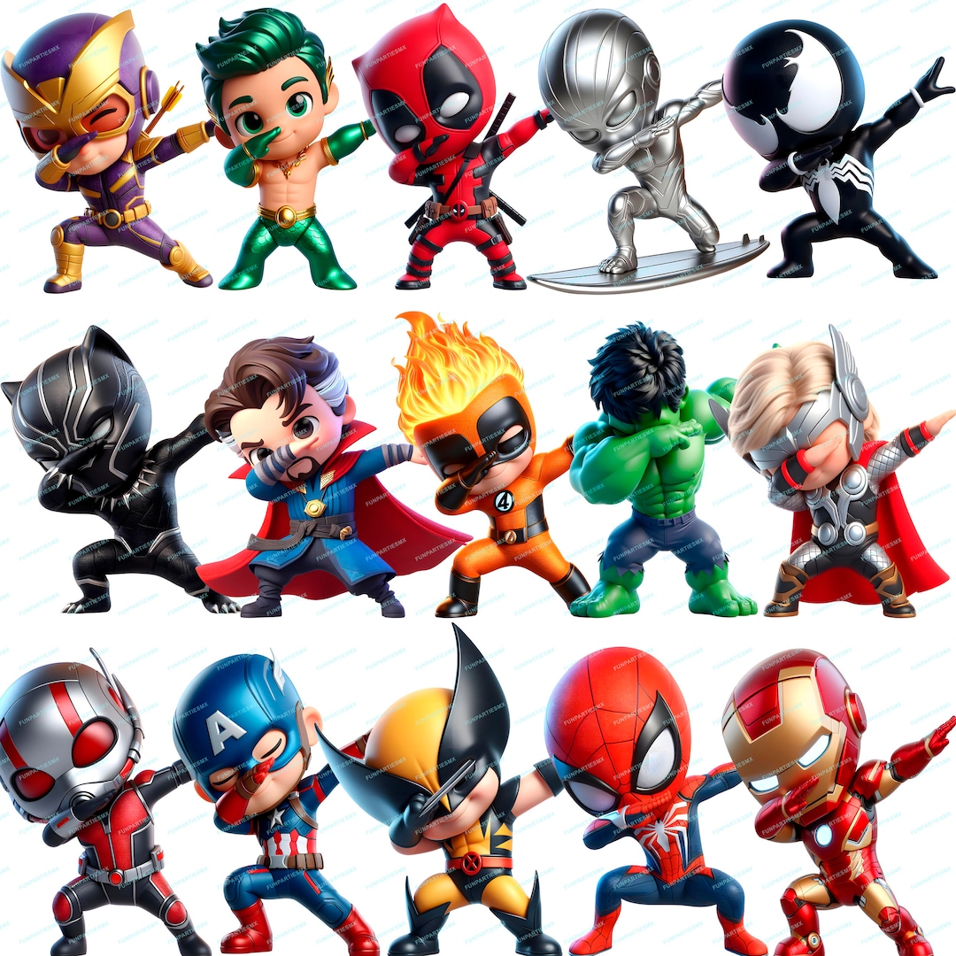 12 Chibi Dabbing Superheroes COMIC Clip Art Collection, PNG Transparent ...