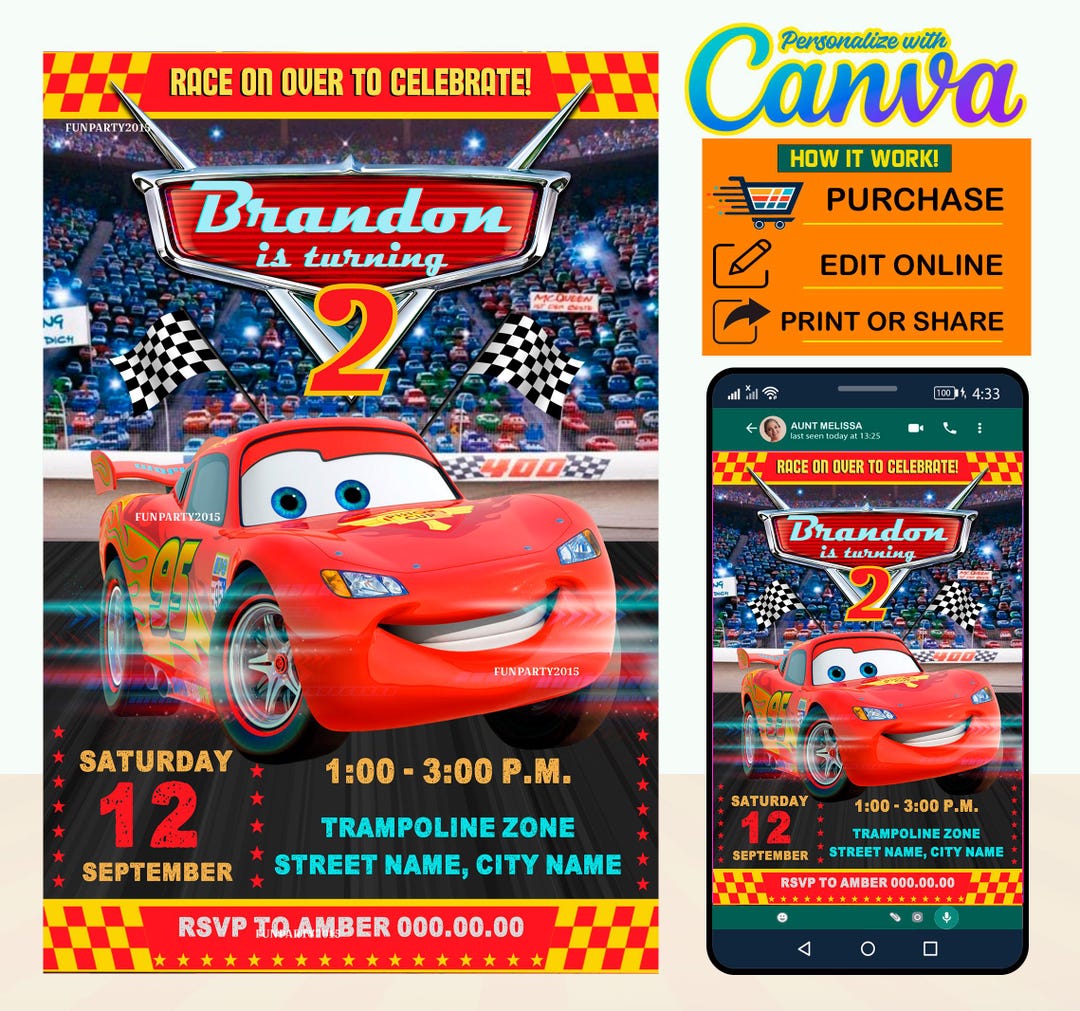 50% Off! - Cars 3 Party Digital Birthday Invitation EDITABLE on CANVA ...