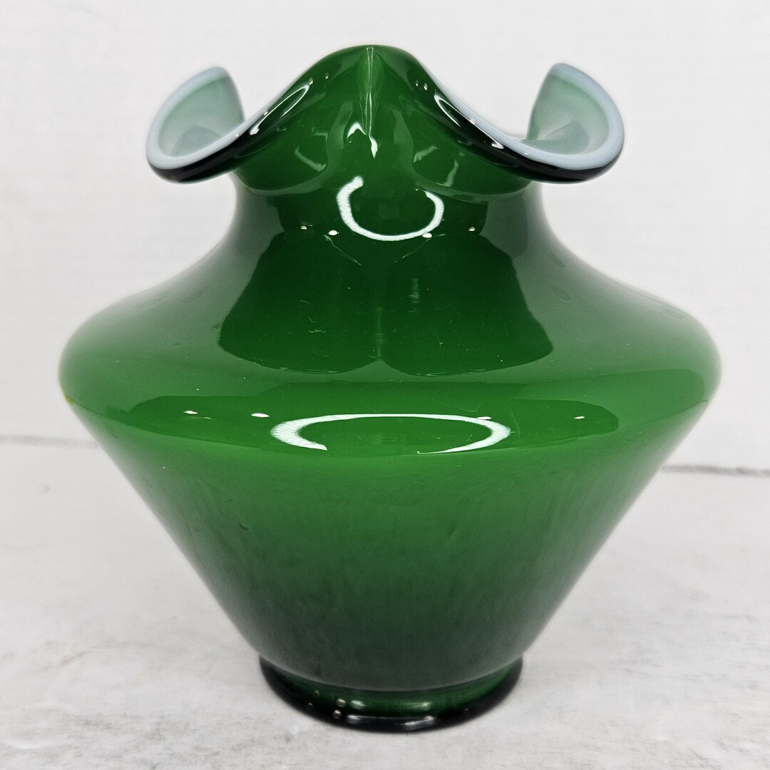 Fenton Green Ivy Overlay Ruffled Vase White Interior - Etsy