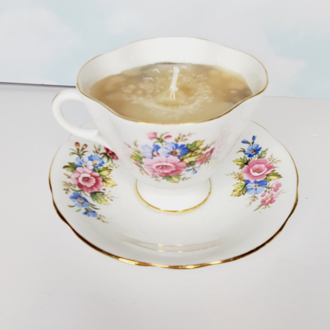 Upcycled Clarence Tea Cup Saucer Candle White Flowers Bone China ...