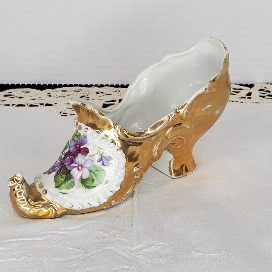 Porcelain Shoe Planter Small Vase Gold and Purple - Etsy